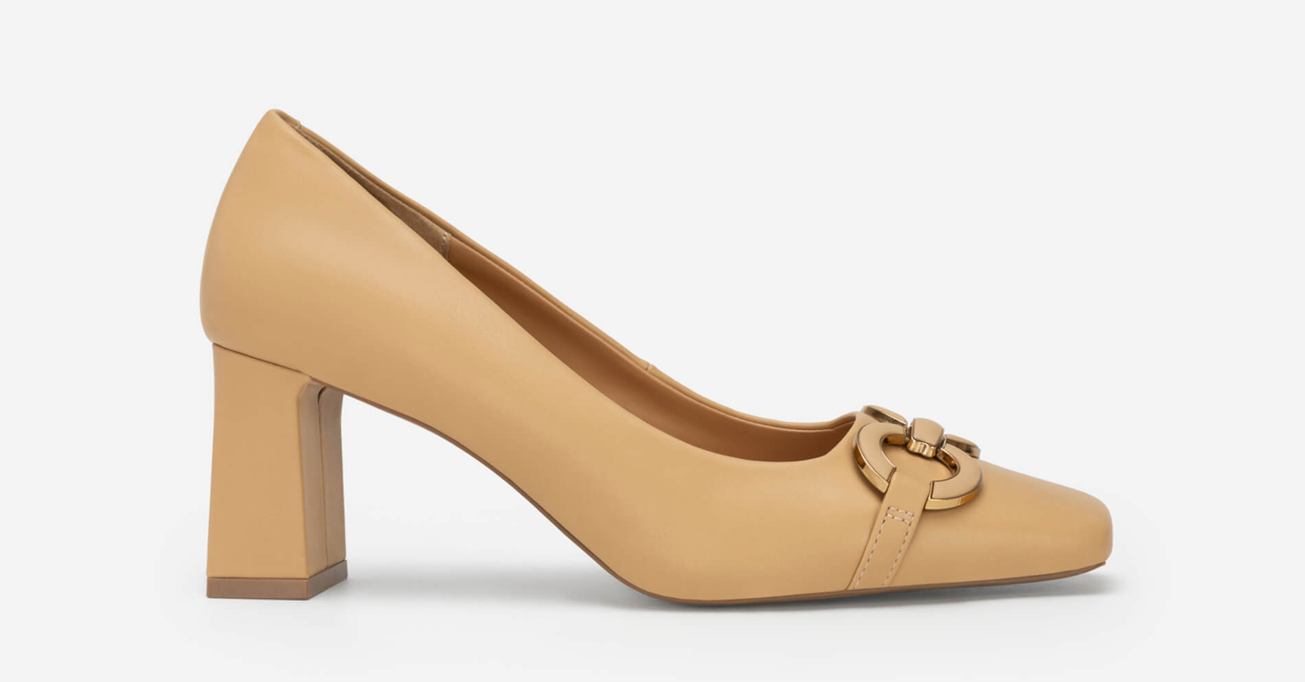 Gold Buckle Heel Square Toe Shoes - HIG 0562 - Beige | VASCARA